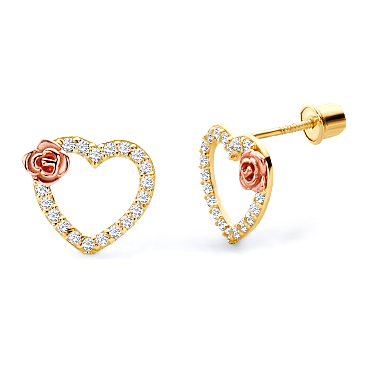 14k REAL Yellow Gold Heart with Rose Flower Stud Earrings with Screw ...