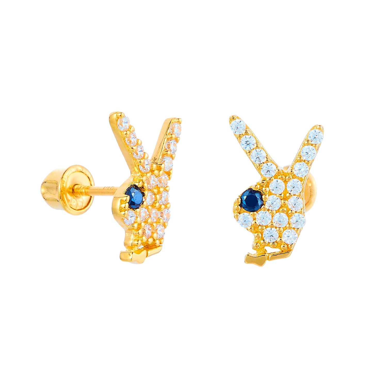14k REAL Yellow Gold Rabbit CZ Stud Earrings with Screw Back - Walmart.com