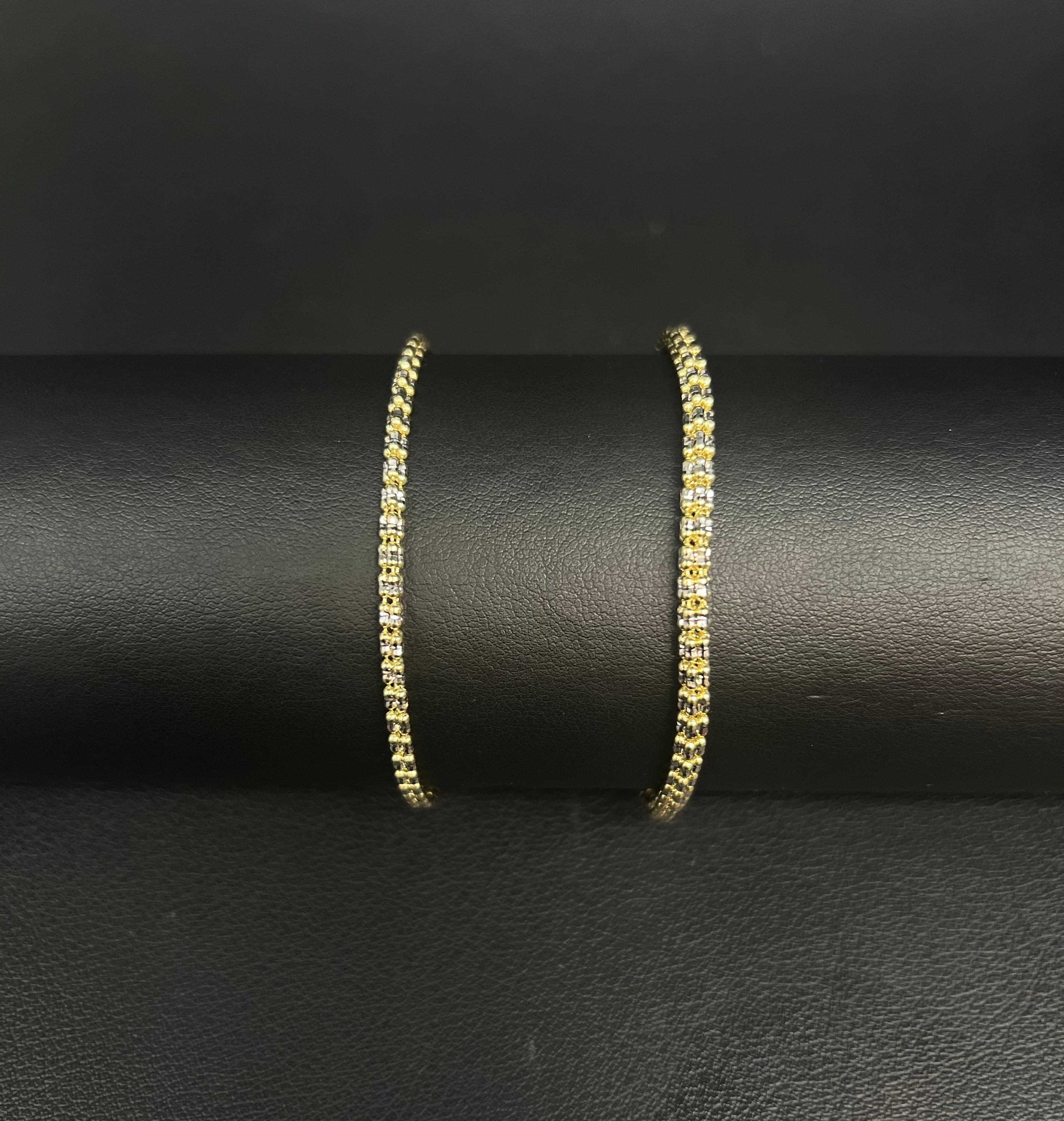 14k Real Gold Diamond Cut Ice Link Chain Bracelet, Two Tone Chain 2.5mm ...