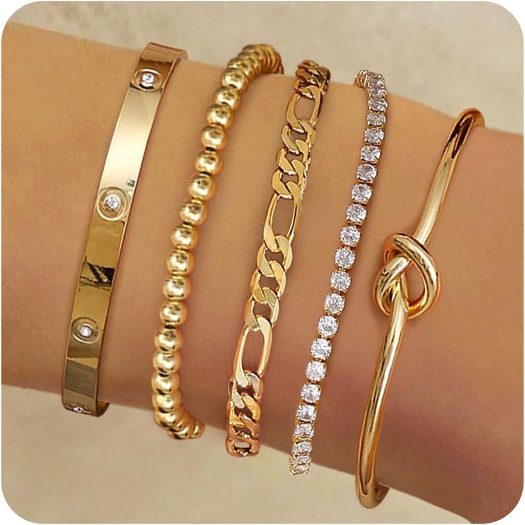 14k Real Gold Stainless Steel Bracelets Set for Women , 5 Pcs with Cuff ...