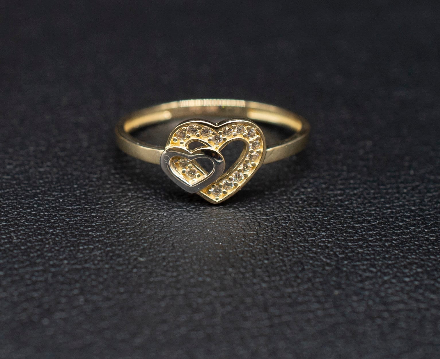 14k Real Solid Yellow Gold Double Heart Ring, 14k Solid Gold Women ...