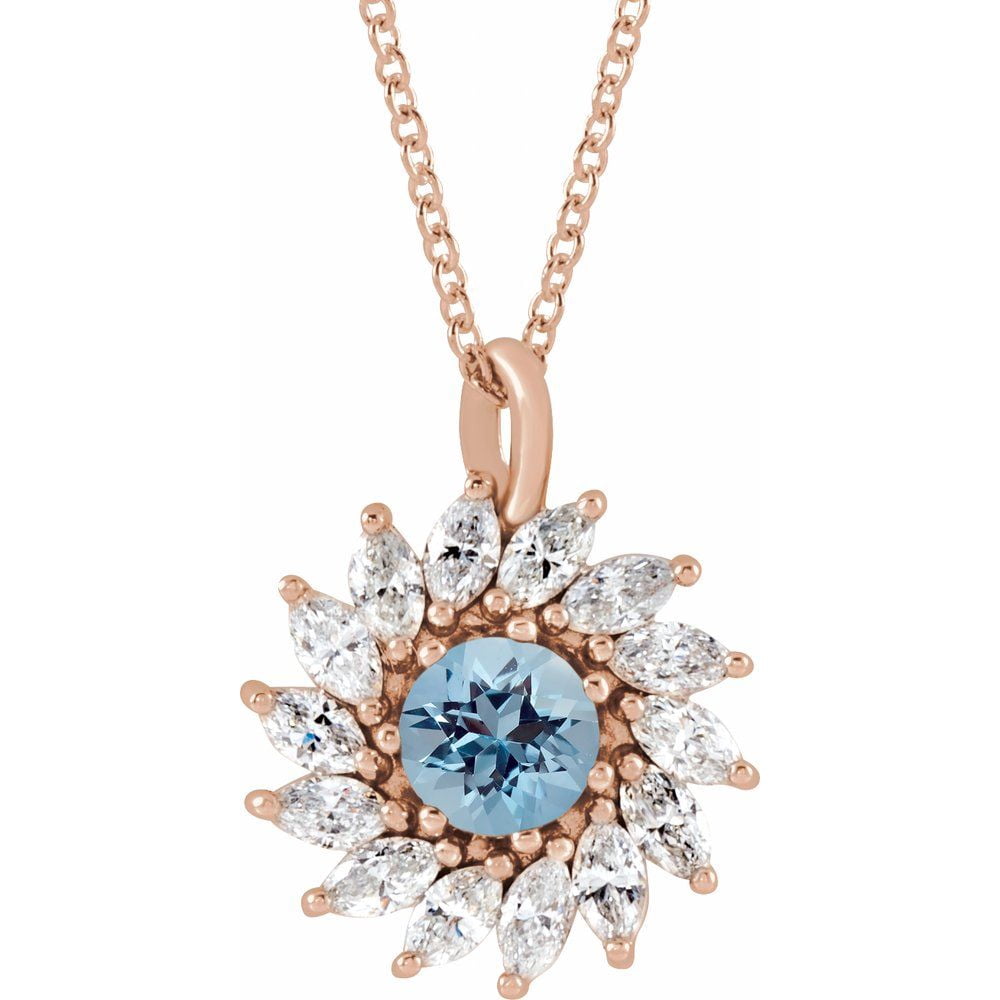 14k Rose Gold 3.5mm Round Shape Aquamarine and 1/2 cttw Diamond Halo ...
