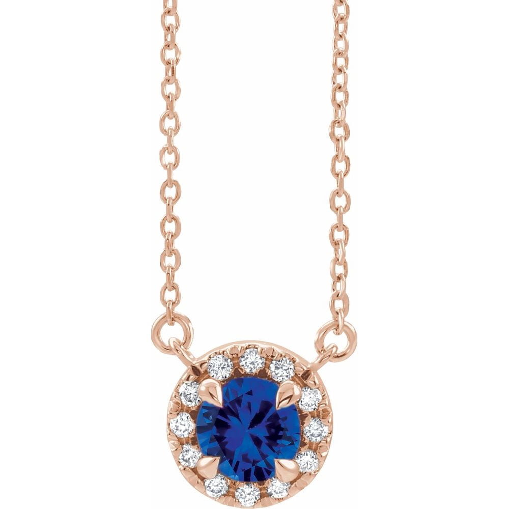 14k Rose Gold 3mm Round Shape Blue Sapphire and .03 cttw Diamond Halo ...