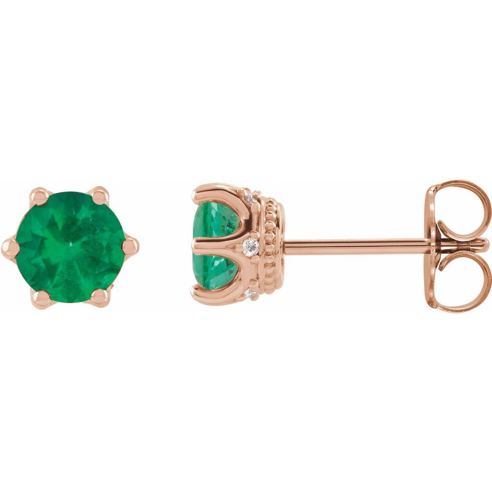 14k Rose Gold 5mm Lab-Grown Emerald and 0.03 cttw Diamond Crown Stud Earrings Fine Jewelry For ...