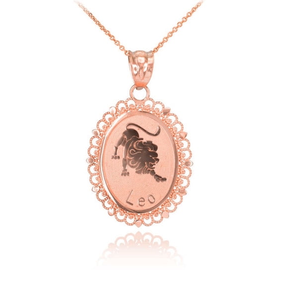 14k Rose Gold Filigree Oval Zodiac Sign Pendant Necklace Leo (16 Inches ...
