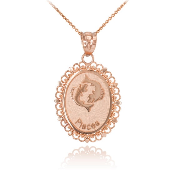 14k Rose Gold Filigree Oval Zodiac Sign Pendant Necklace Pisces (18 ...