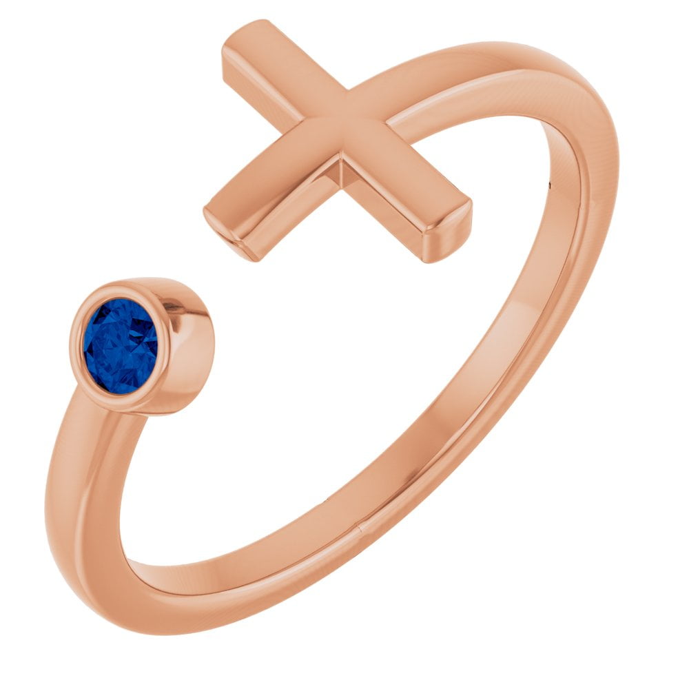 14k Rose Gold Lab-Grown Blue Sapphire Negative Space Cross Religious ...