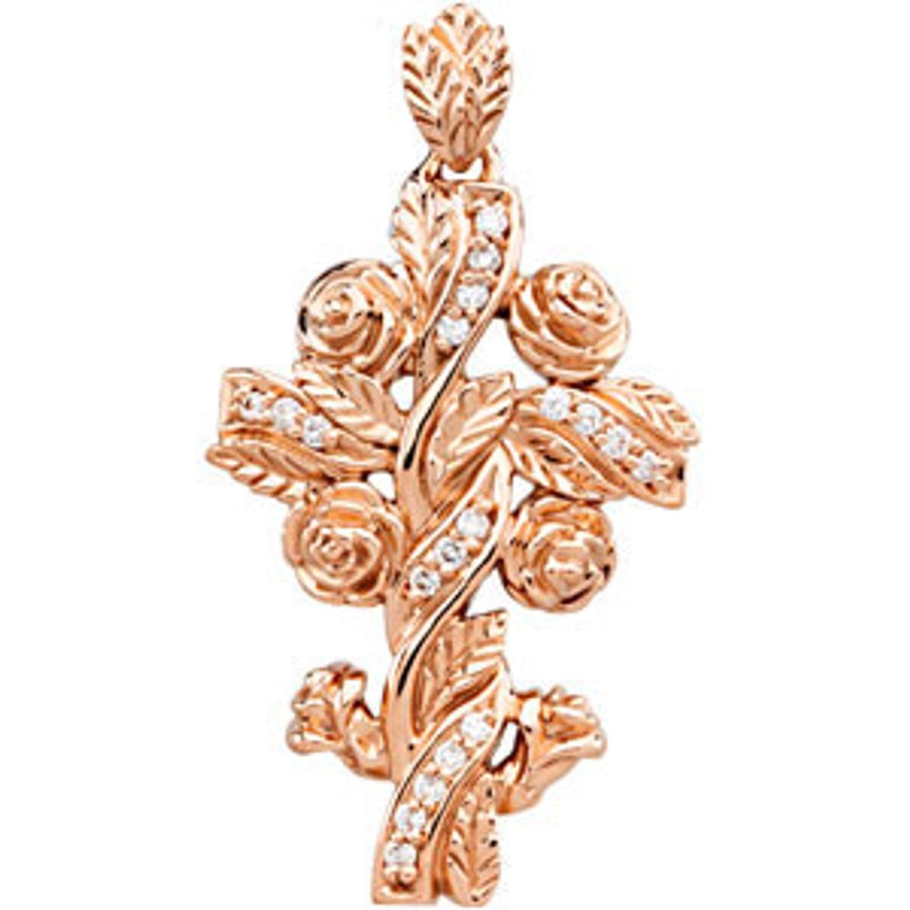 14k Rose Gold Round Shape Diamond Floral-Inspired Cross Religious ...