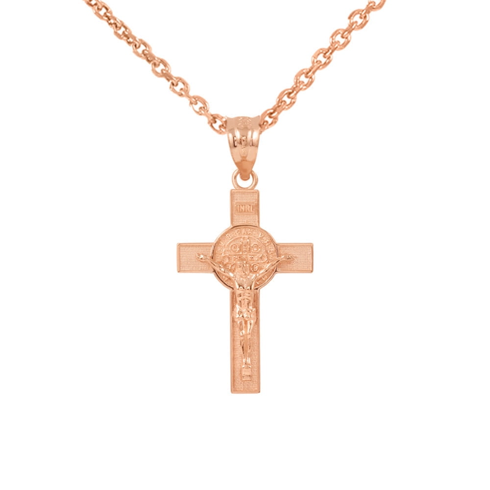 14k Rose Gold St. Benedict Crucifix Pendant Necklace 1.36" (MEDIUM ...