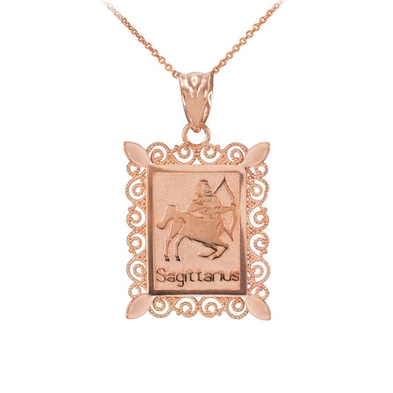 14k Rose Gold Zodiac Sign Filigree Square Pendant Necklace Sagittarius ...