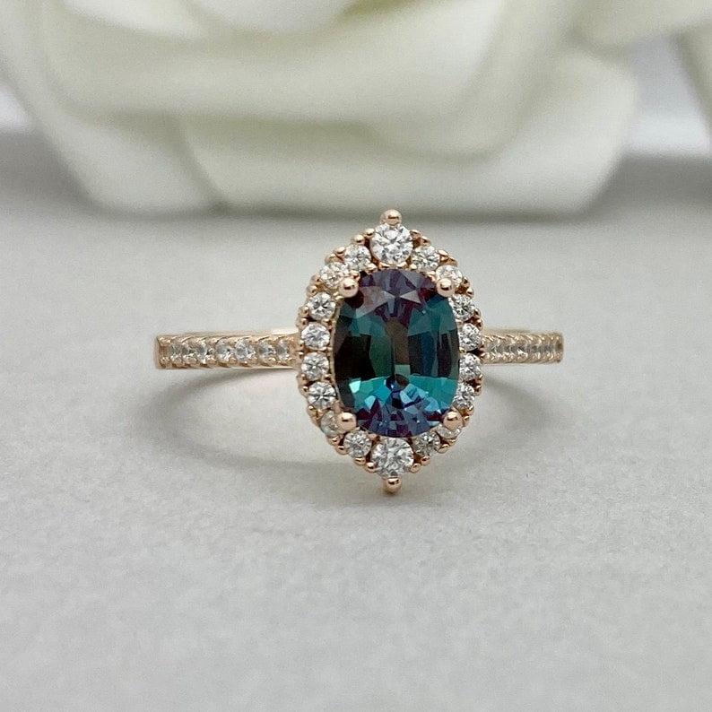 14k Rose Goldplated Oval Cut Alexandrite Gemstone Wedding Ring Art Deco ...