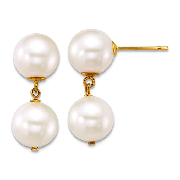 14k Solid Gold 7-8mm Round White Fw Cultured 2 Pearl Dangle Post ...