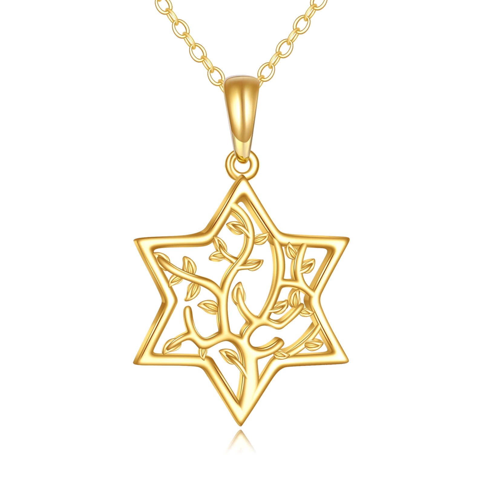 14k Solid Gold Star of Daivd Tree of Life Pendant Necklace for Women ...