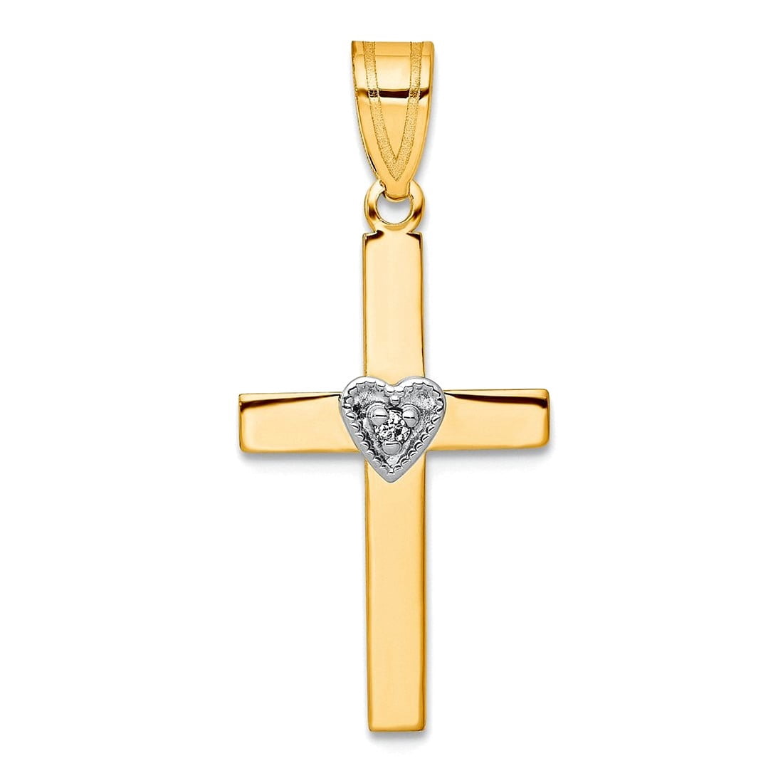 14k Solid Gold Two Tone .01ct Diamond Love Heart Religious Faith Cross ...