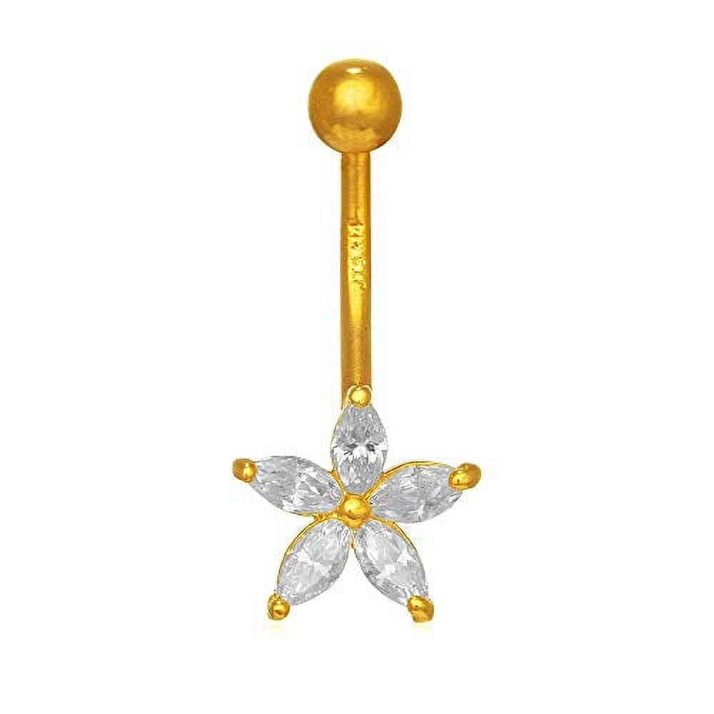 JewelStop 14k Solid Gold Yellow Belly Button Flower CZ Navel Ring Body ...