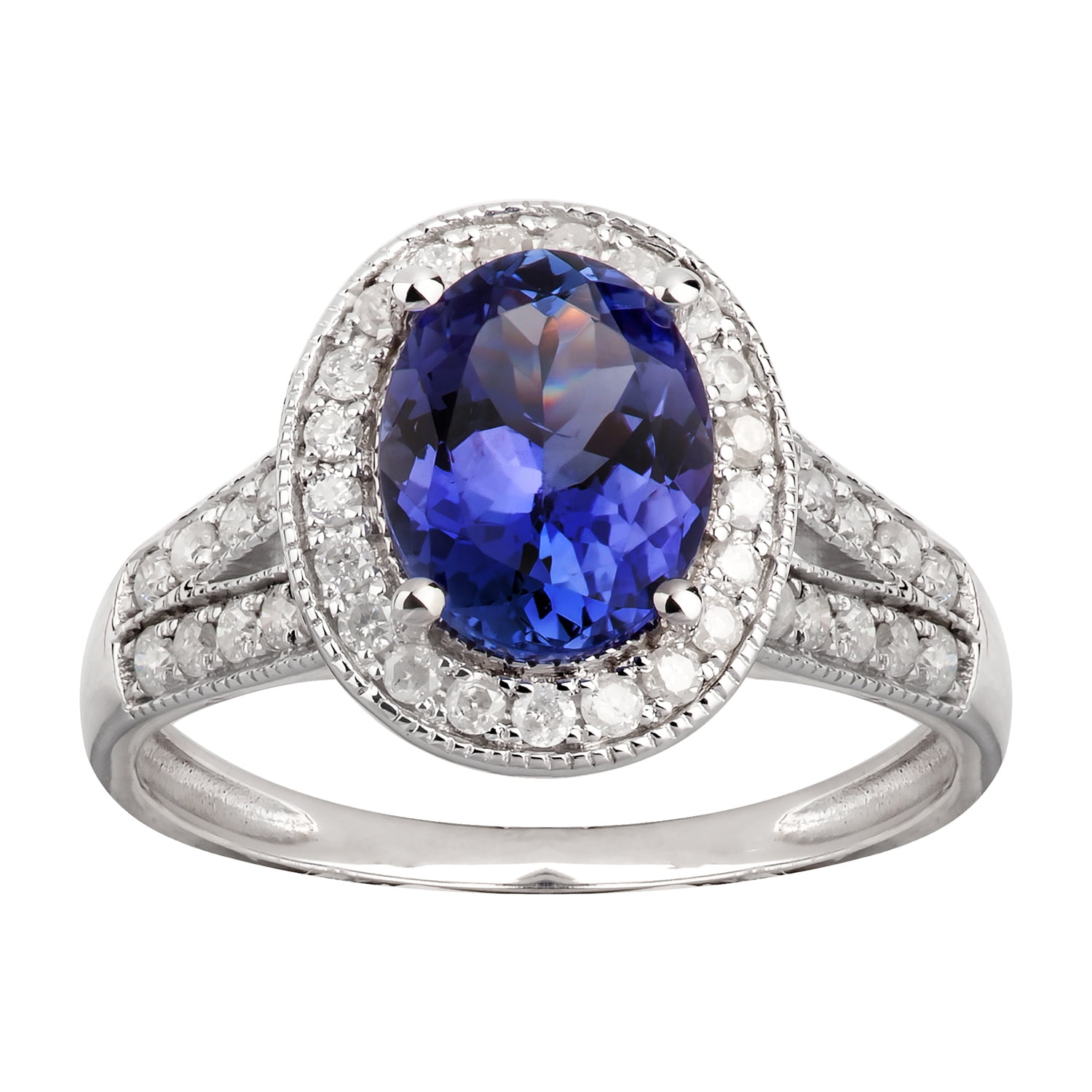 14k Solid White Gold Natural Oval Tanzanite and Halo Diamond Vintage ...