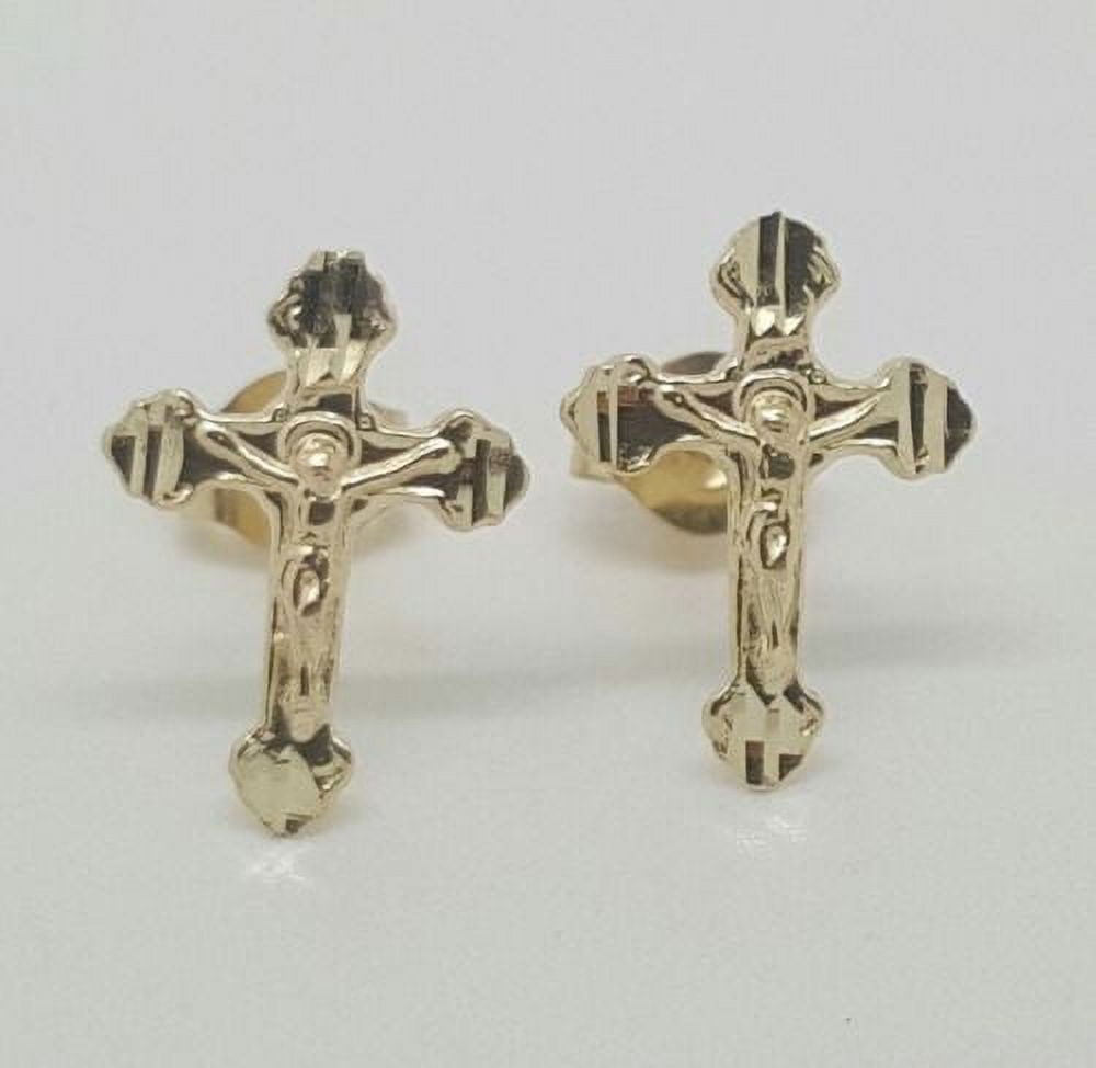 14k Solid Yellow Gold Jesus Christ Cross Crucifix Stud Earrings Push ...
