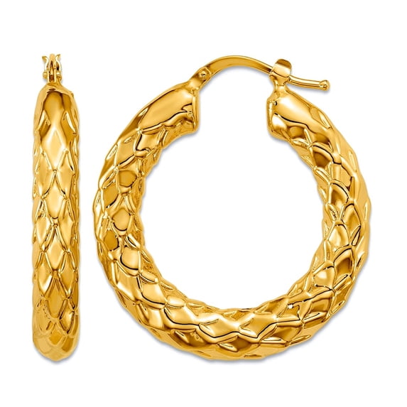 14k Solid Yellow Gold Polished 4.8mm Scale Textured Hoop Earrings ...