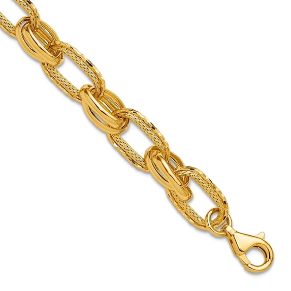 14k Solid Yellow Gold Polished Textured Sparkle-Cut Fancy Link Bracelet ...