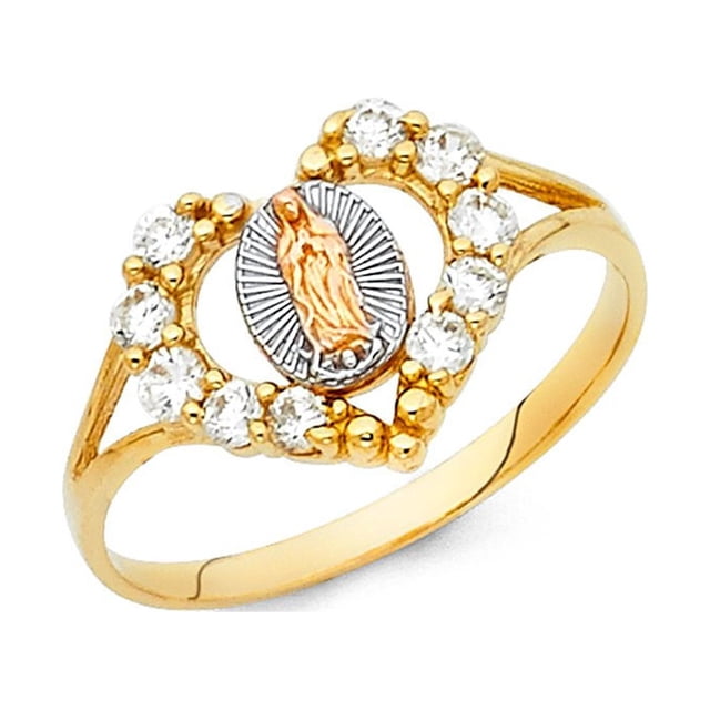 14k Tri Color Gold Cubic Zirconia Heart Shape Virgen de Guadalupe Ring ...