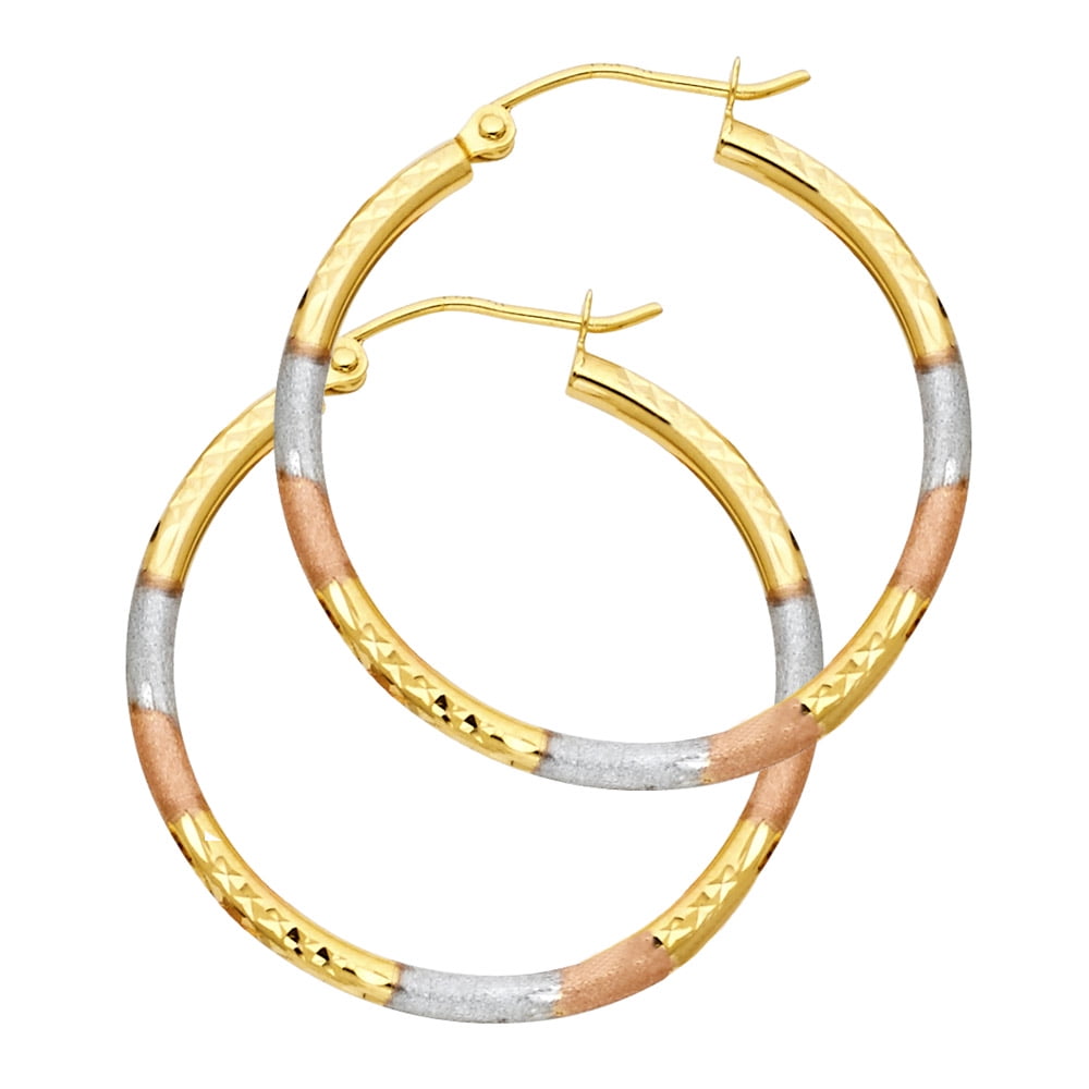 14k Tri-Color Gold Stripe Hoop Modern Hinge Clasp Circle Round Earrings ...