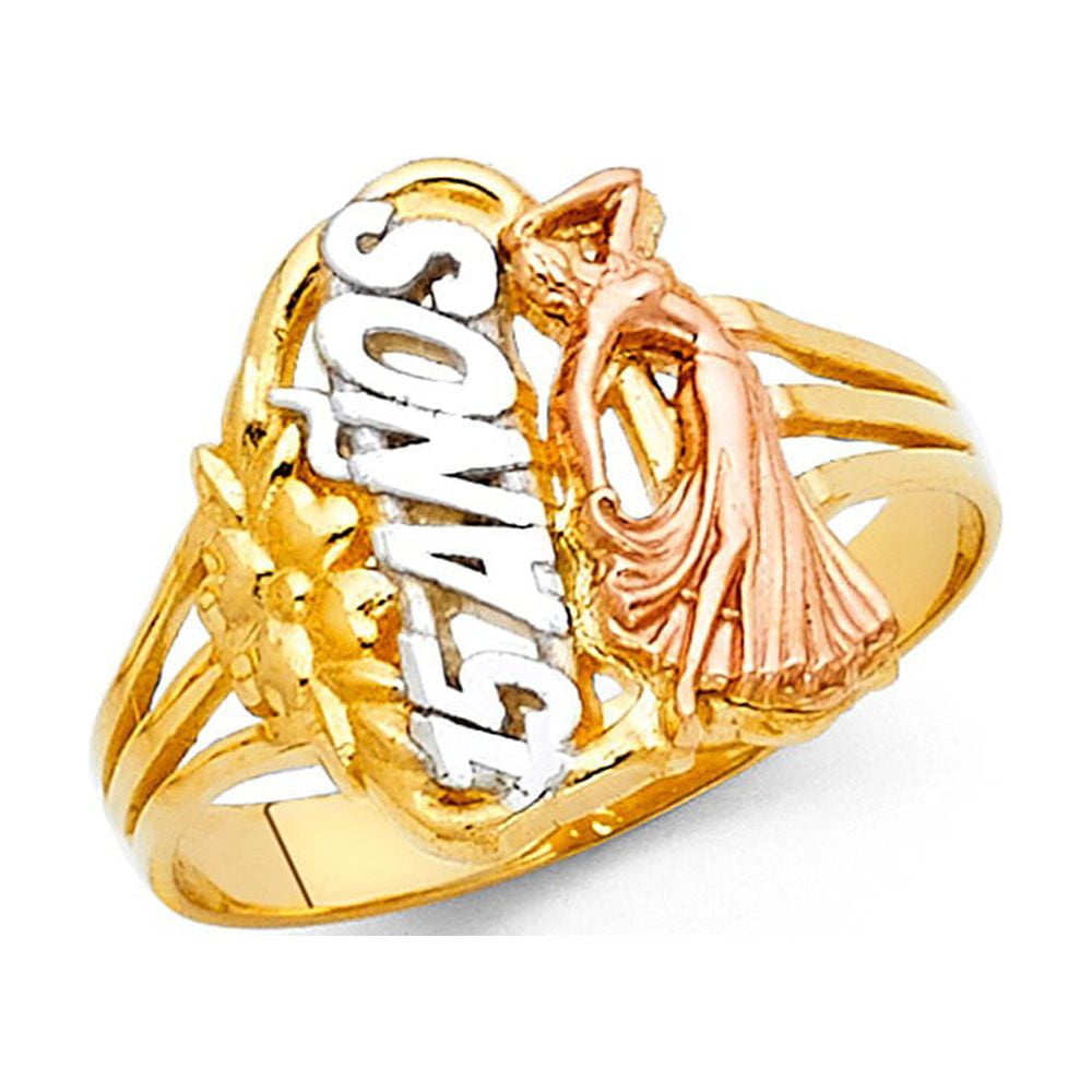 14k Tri Color Italian Gold 15mm Oval Shape With Flower 15 Años Ring - s8.5 - Walmart.com