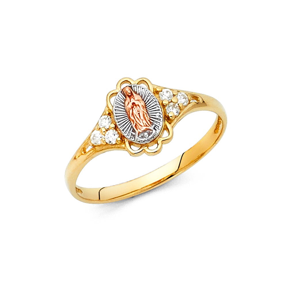 14k Tri Color Italian Gold CZ 9mm Virgen Guadalupe Ring Oval Shape ...