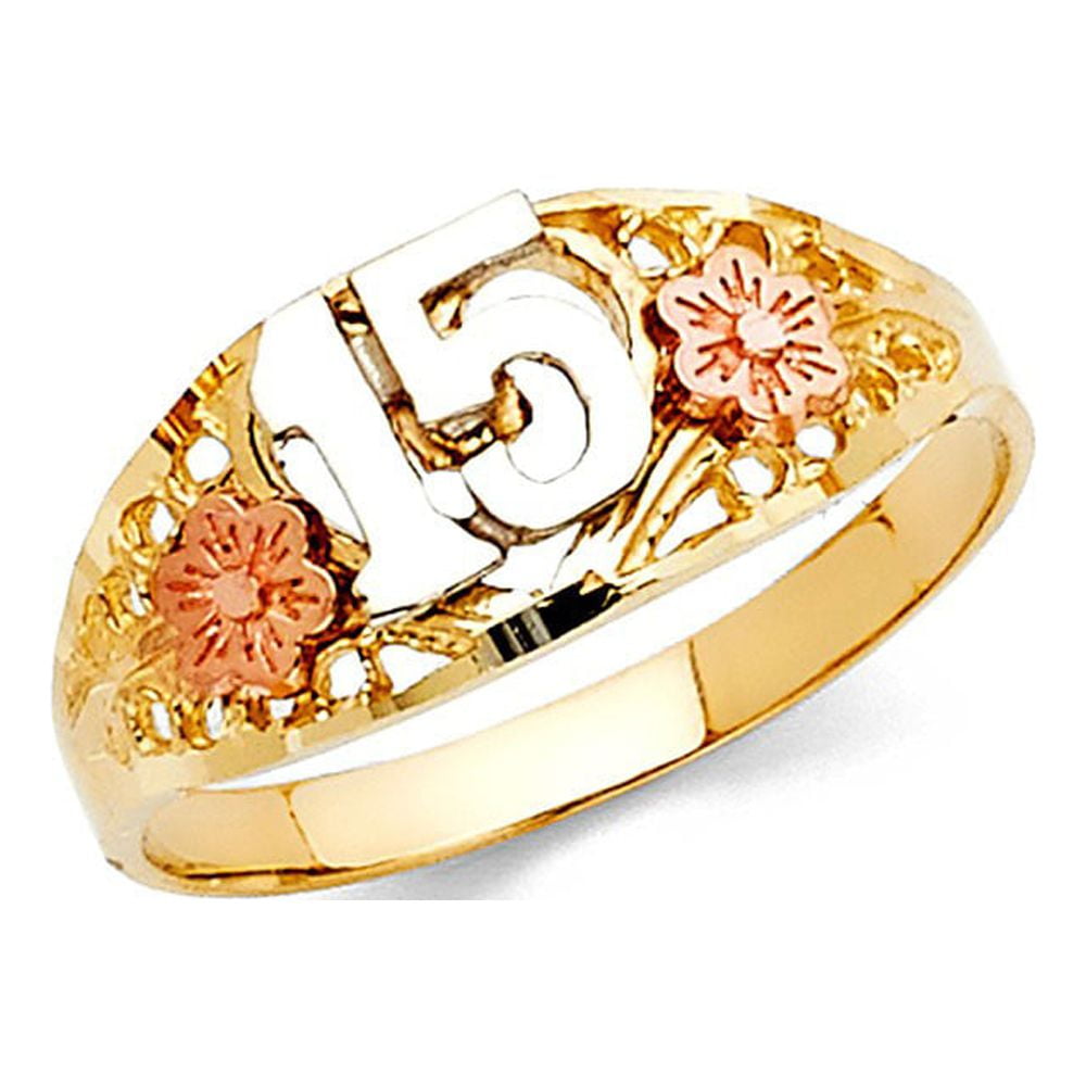 14k Tri Color Italian Gold Double Floral Quinceañera 15 Años Ring 8mm ...
