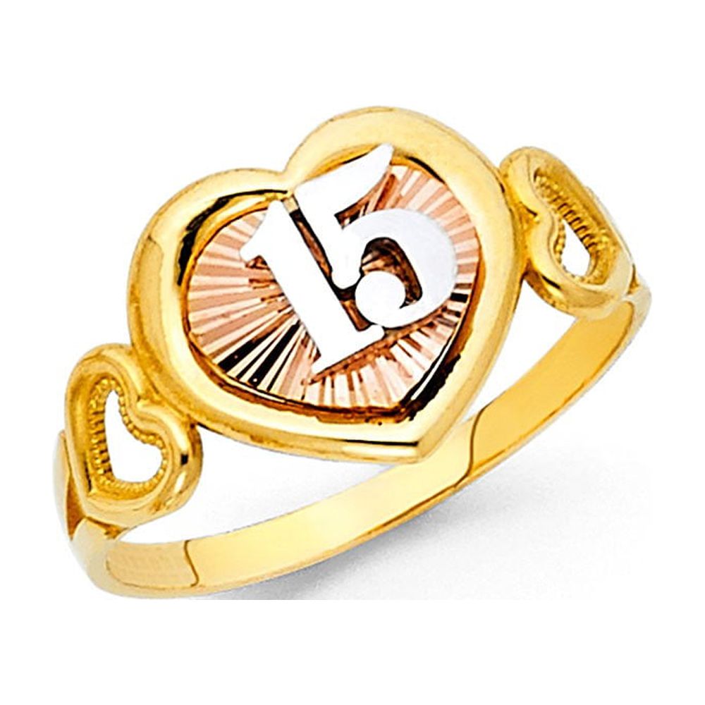 14k Tri Color Italian Gold Multi Heart Shape DC Quinceañera Ring 11mm ...