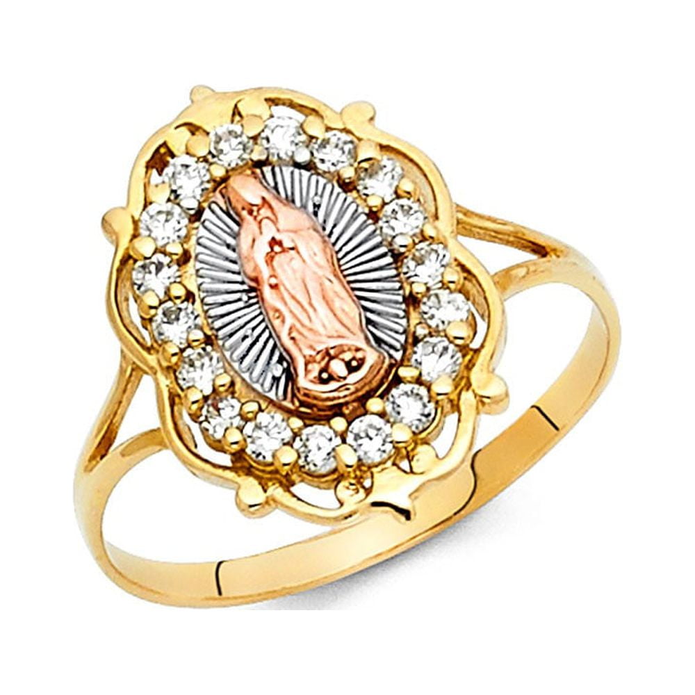 14k Tri Color Italian Solid Gold CZ 15mm Guadalupe Ring w/ Oval Shape ...