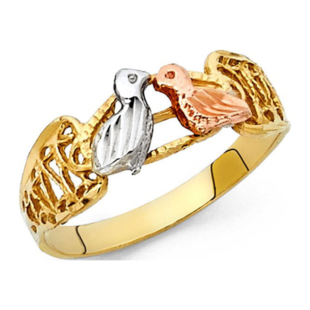 14k Tri Color Tone Solid Italian Gold Kissing Love Birds Ring 7mm ...