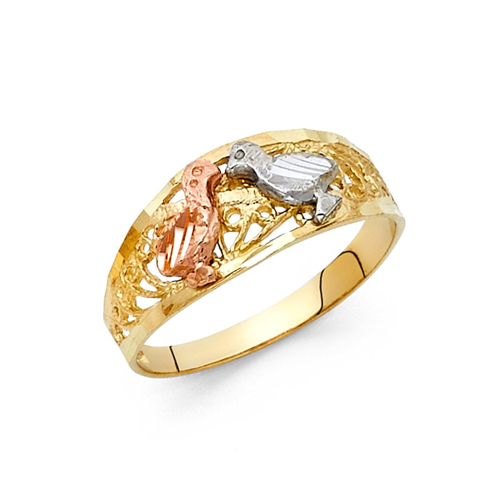 14k Tri Color Tone Solid Italian Gold Kissing Love Birds Ring 8mm ...