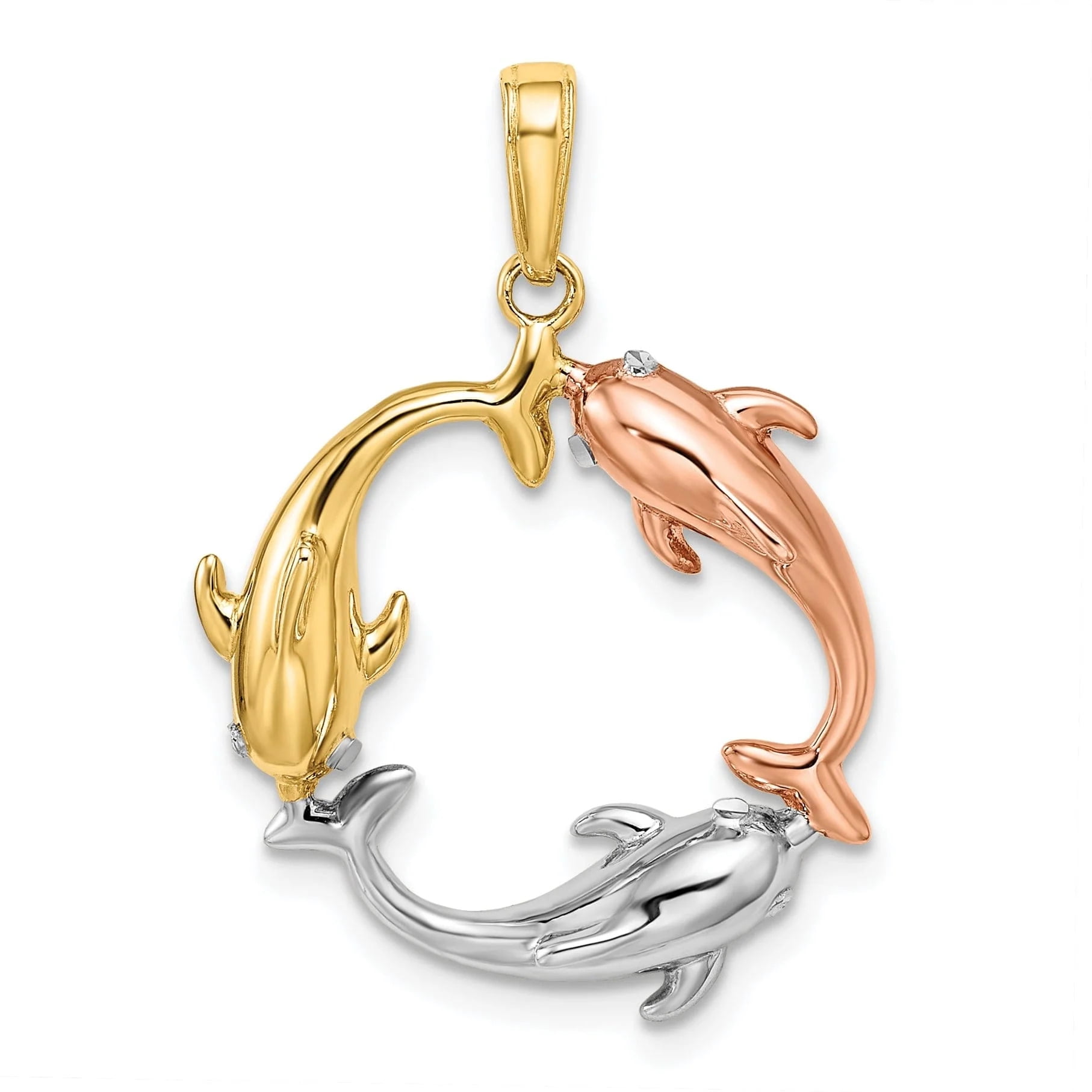 14k Tri-color Gold Casted Polished Finish Hallow Triple Dolphin Circle ...