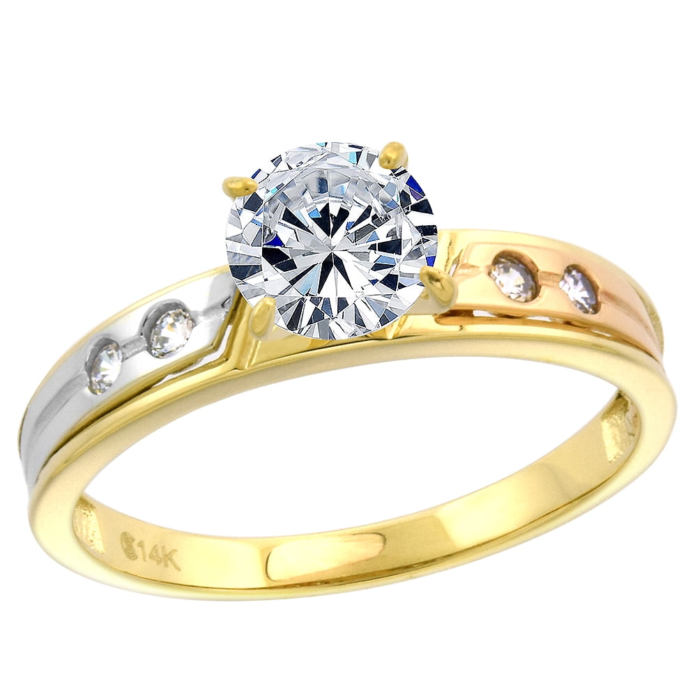 14k Tricolor Gold Cubic Zirconia Ladies Solitaire Engagement Ring Round ...