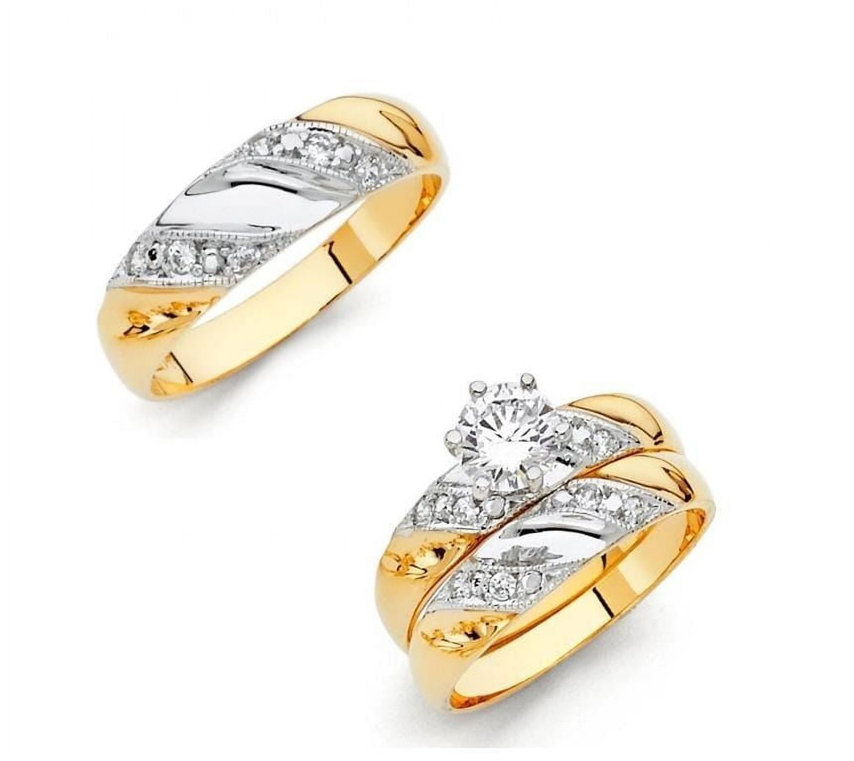 14k Two Tone Gold 1.50 ct CZ Matching Wedding Ring Trio Set His & Hers ...