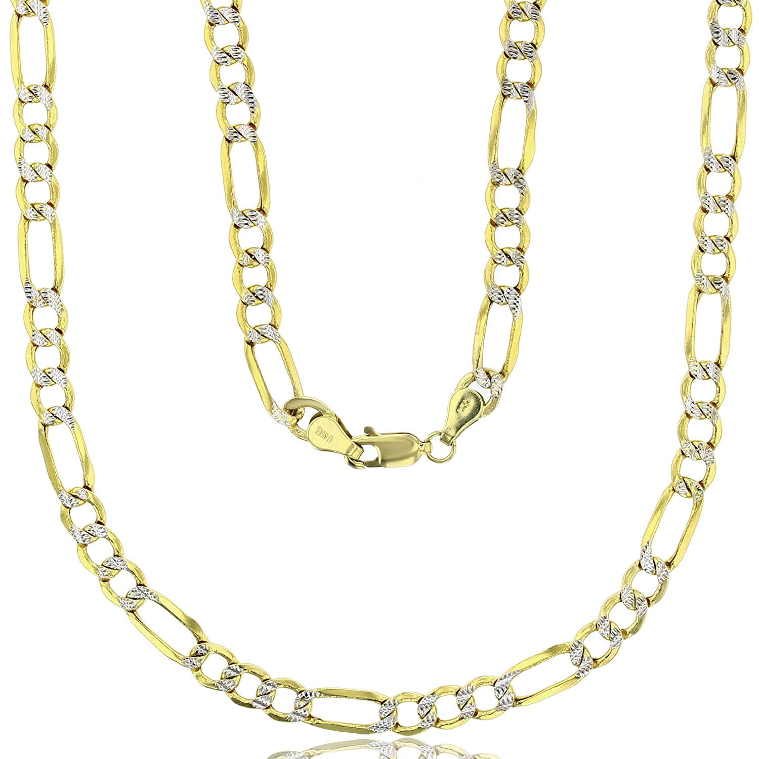14k Two Tone Gold Hollow 2mm-10mm White Pave Figaro Chain with Lobster ...