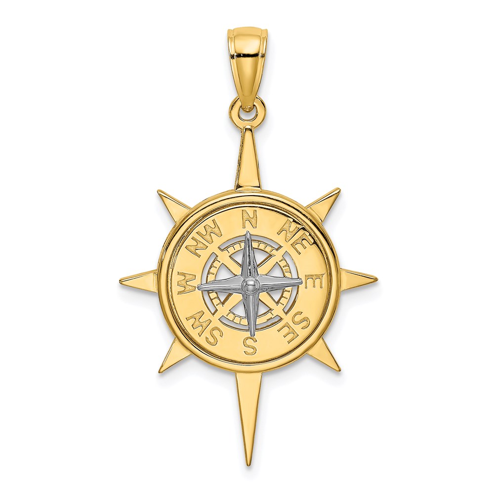 14k Two Tone Gold Star with Nautical Compass White Needle Charm Pendant ...