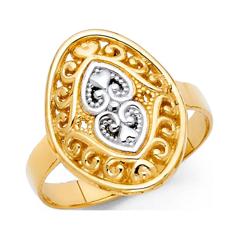 14k Two Tone Italian Gold Milgrain Oval Multi Hearts Pattern Ring 17mm ...