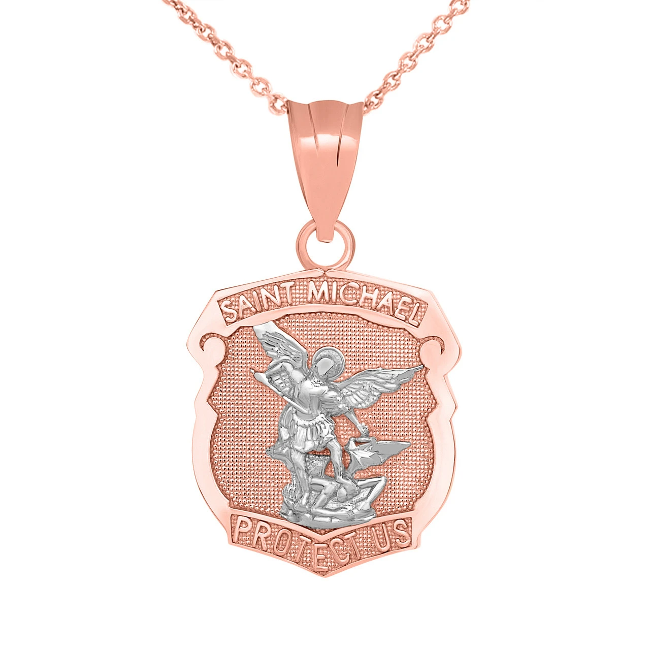 14k Two-Tone Rose Gold Saint Michael Protect Us Shield Pendant ...