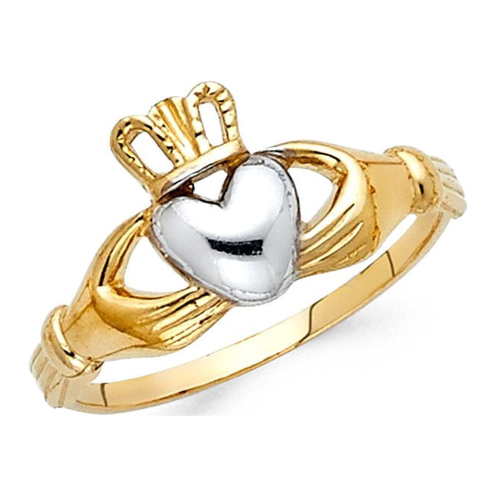 14k Two Tone Solid Italian Gold Hands Crown Heart Claddagh Ring 10mm ...