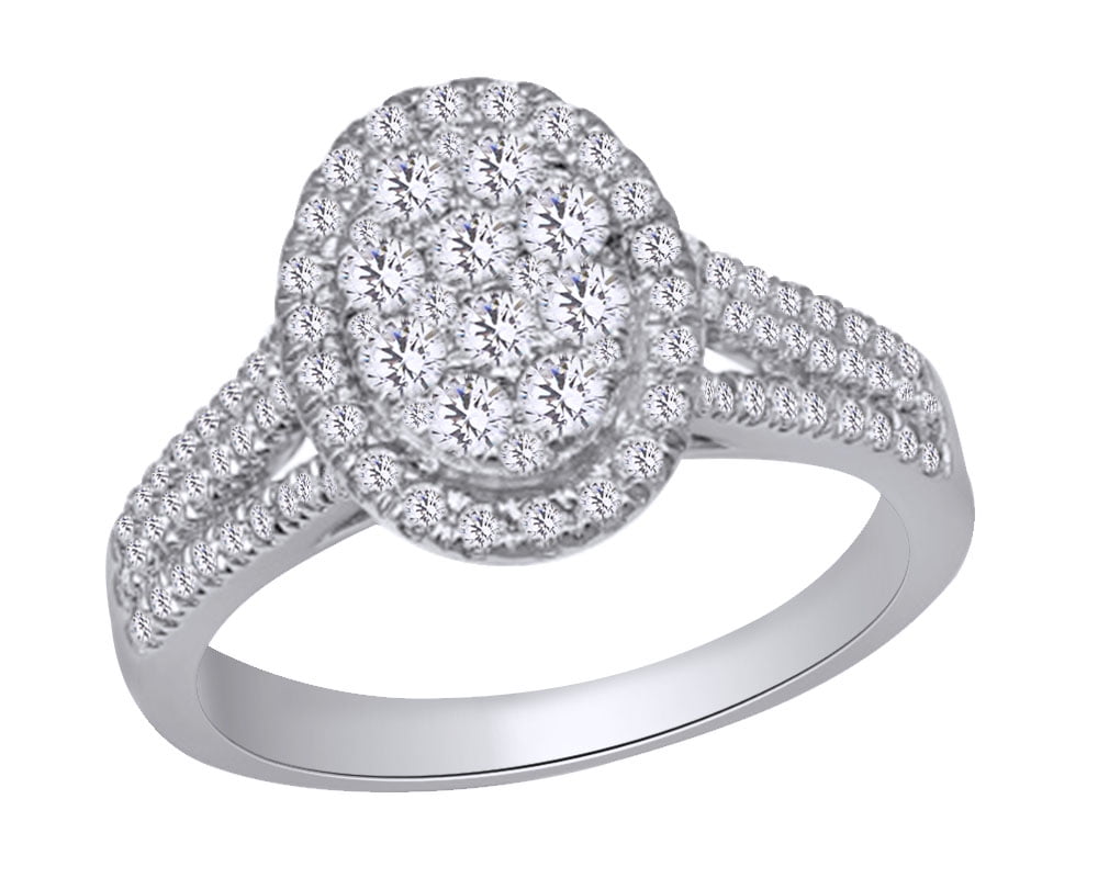 AFFY 14k White Gold 0.9 CT Prong Set White Natural Diamond Cluster Engagement Wedding Ring With ...