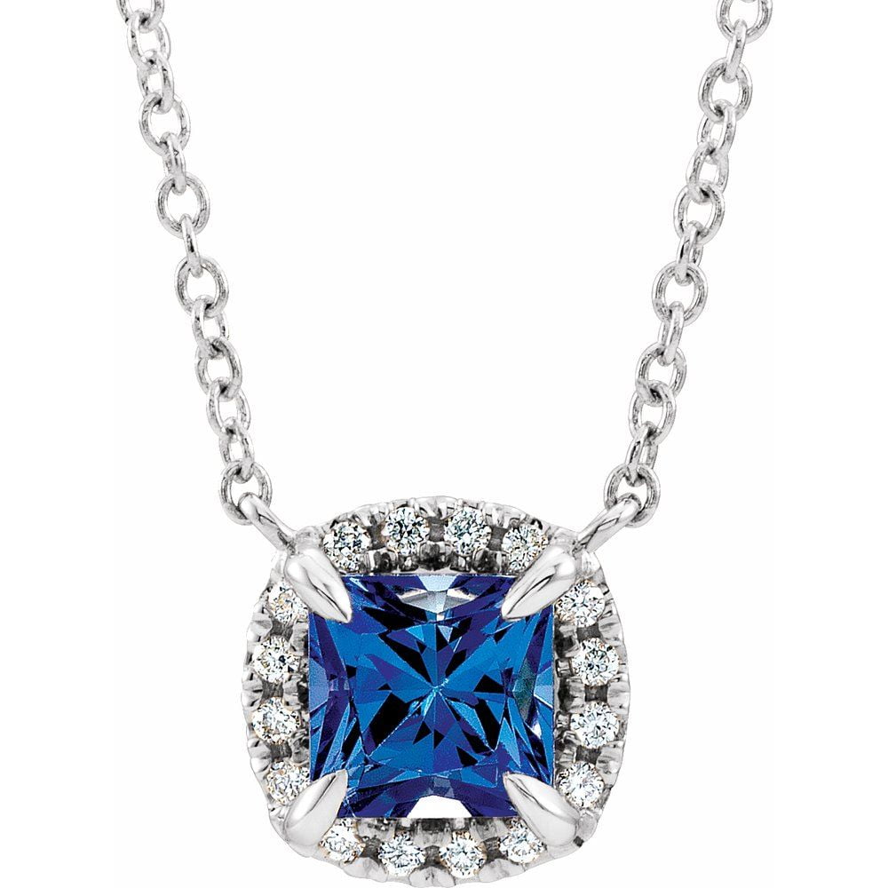 14k White Gold 4x4mm Square Shape Blue Sapphire and .05 cttw Diamond Halo-Style Necklace Fine ...