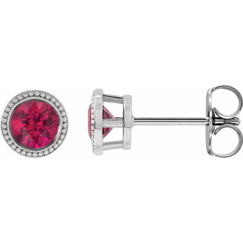 14k White Gold 6mm Round Shape Lab-Grown Ruby Beaded Bezel-Set Stud ...