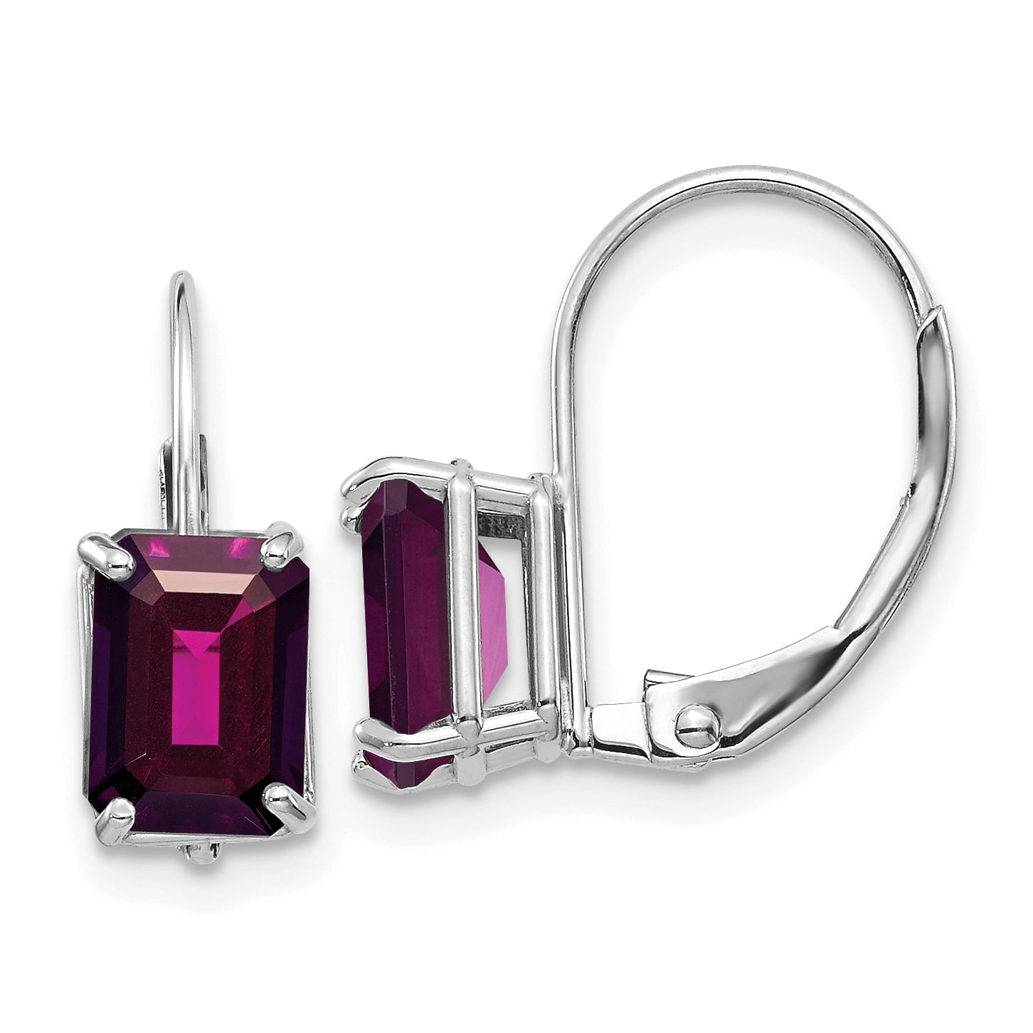 14k White Gold 7x4 Emerald Cut Rhodolite Garnet Leverback Earrings ...