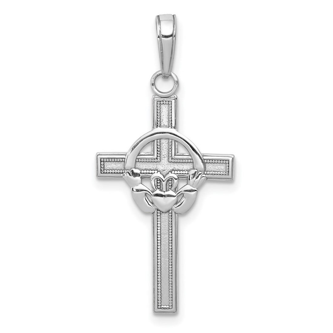 14k White Gold Block Religious Faith Cross With Irish Claddagh Celtic ...