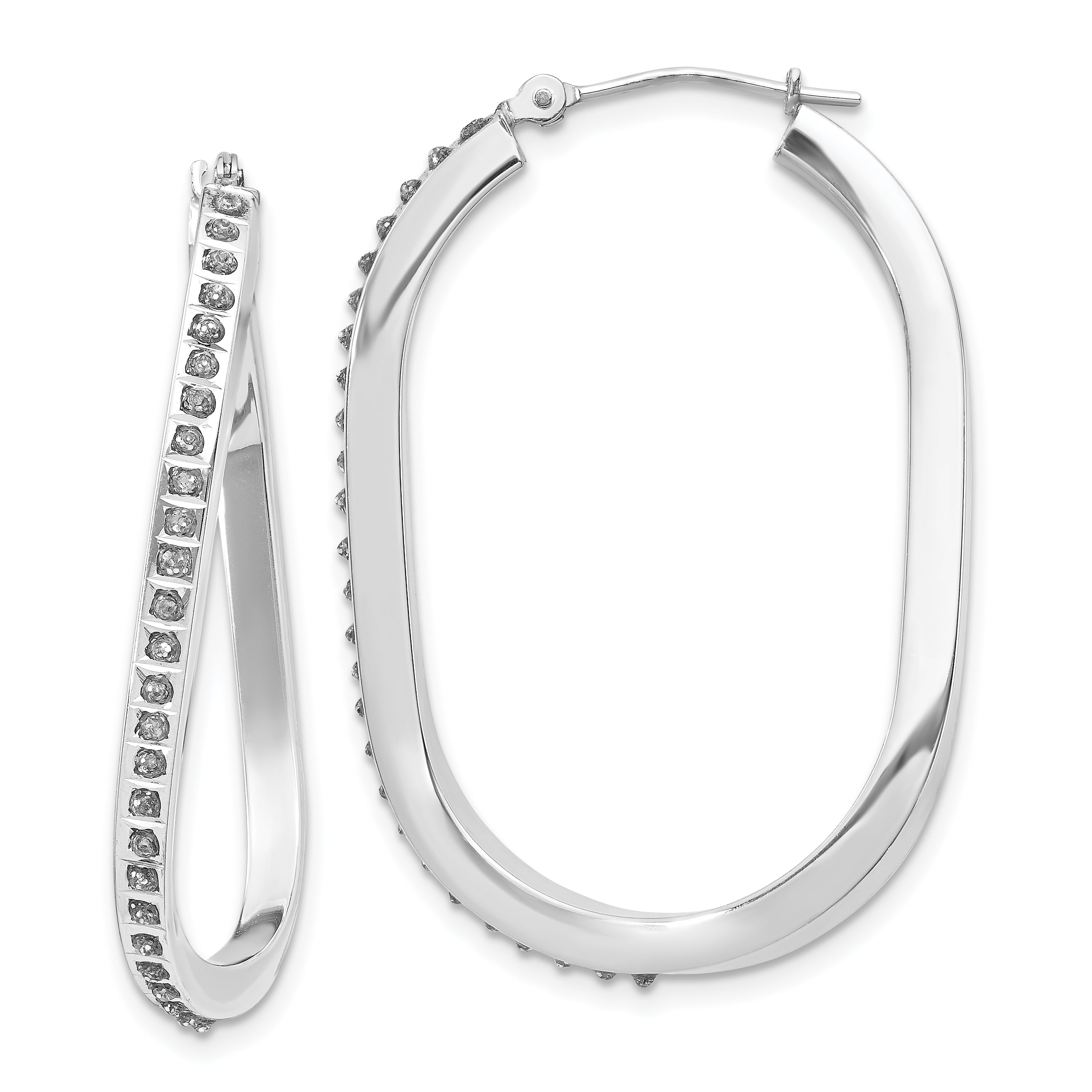 14k White Gold Diamond Fascination Oval Twist Hinged Hoop Earrings ...