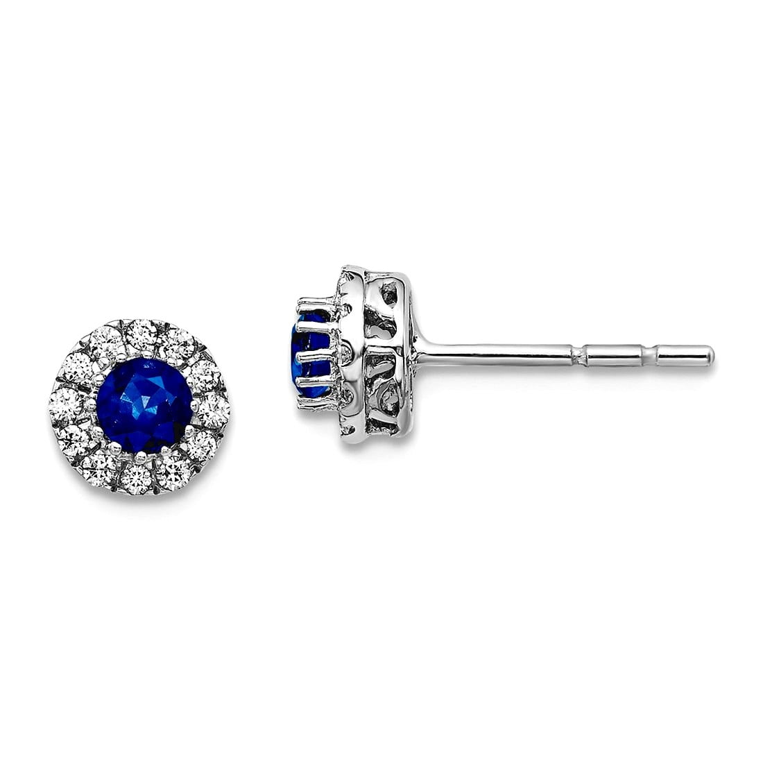 14k White Gold Diamond and Blue Sapphire Post Earrings 6x6mm Wide Stud ...