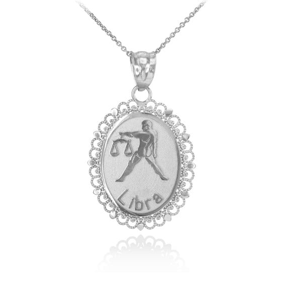 14k White Gold Filigree Oval Zodiac Sign Pendant Necklace Libra ...