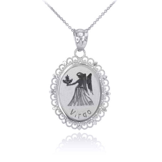 14k White Gold Filigree Oval Zodiac Sign Pendant Necklace Virgo (20 ...