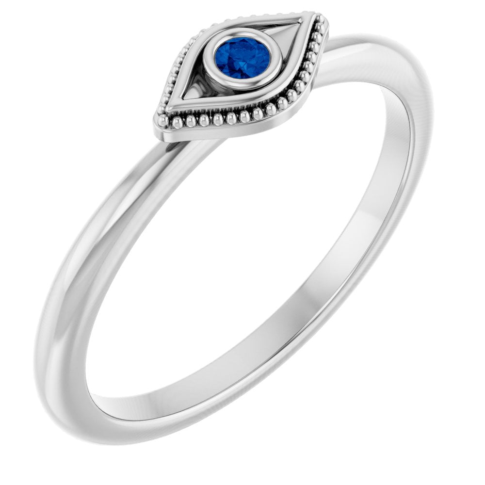14k White Gold Lab-Grown Blue Sapphire Stackable Evil Eye Religious Spiritual Fashion Ring with ...